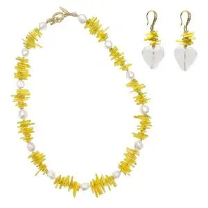 FARRA Pearls And Coral Necklace With Quartz Earrings Set - Yellow
