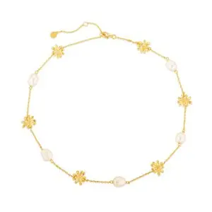LULU B LONDON Daisy Flower & Pearl Gold Chain Necklace - White