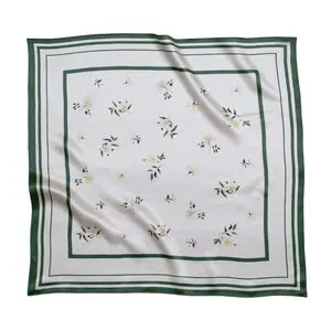 RAINSISTERS White / Green Small Beige Floral Print Natural Silk Scarf - White/green
