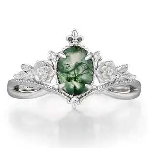 AZURA JEWELRY NEW YORK Moss Agate Ring In White Gold Vermeil - Green/silver