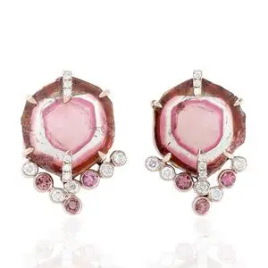 ARTISAN Watermelon Tourmaline, Pink Tourmaline And Diamond Stud Earrings - Pink/yellow