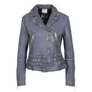 FREAKY NATION Leather Biker Jacket With Studs - Grey