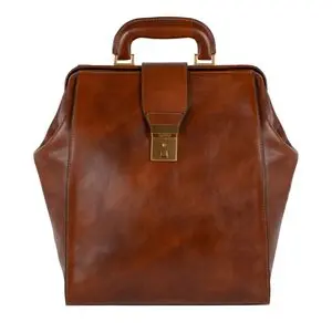 TIME RESISTANCE Full Grain Leather Backpack With Push Lock Closure - Brown