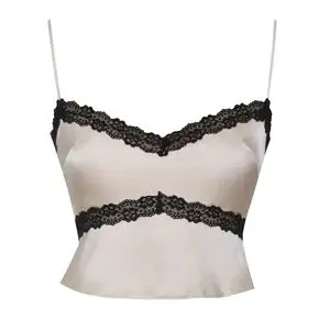 MISS CIRCLE NEW YORK Lace Trim Satin Strappy Top - Beige