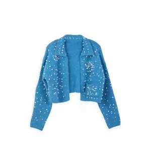 Saachi Pearl Collared Open Cardigan - Blue