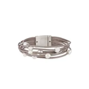 Saachi Multi Strand Leather And Pearl Bracelet - Grey