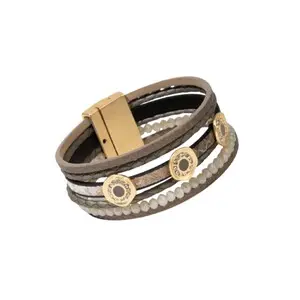 Saachi Leather Gold Medallion Multi Strand Bracelet - Brown