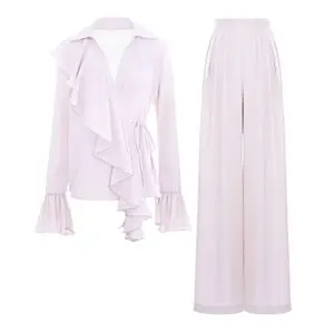 BLUZAT Ruffled Wrap Blouse With Wide Leg Trousers