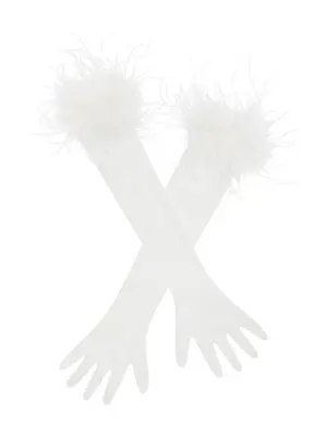 MISS CIRCLE NEW YORK Opera-length Gloves With Feather Trim - White