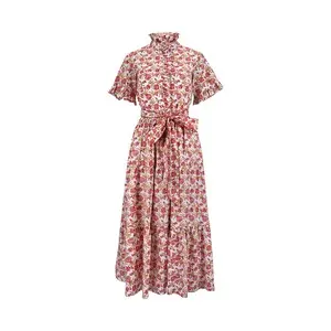ECHO OF PINK Sofia Hand Block Print Cotton Dress - Gold/pink