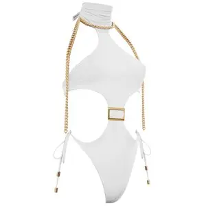 ANTONINIAS Opulent Seamless One-piece Swimsuit With Golden Chain - White