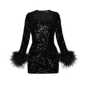 MODA GLAM Sequin Mini Dress With Feather Trim