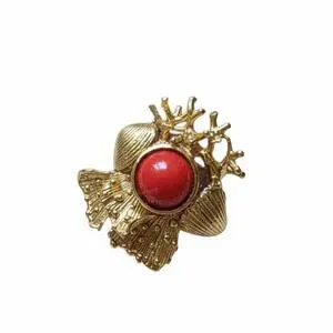 SILVER & ELEGANT Ocean Sculpture Crimson Coral Ring - Gold