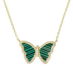 KAMARIA Butterfly Necklace With Malachite And Crystals - Gold