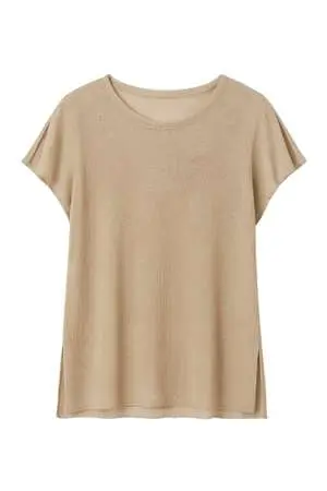 CONQUISTA Short Sleeve Semi Sheer Top With Shoulder Slits - Brown