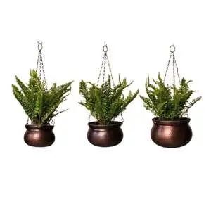ANATOLIACRAFT Hammered Copper Hanging Planters Set Of Three - Brown