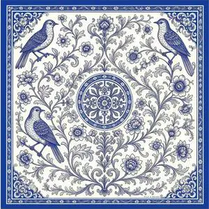 SILK AND BEARS Women's Blue Chinoiserie Birds Silk Twill Scarf – Printed Mulberry Silk, Hand-rolled Hem Blue