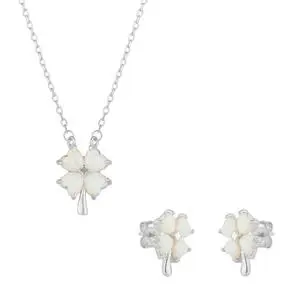 SPERO LONDON White Opal Four Leaf Clover Sterling Necklace And Earrings Set - Silver