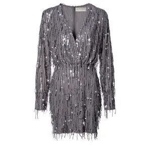 AGGI BY HALEWSKI Sequin Fringe Mini Dress - Grey