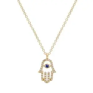 KAMARIA 14k Yellow Gold Diamond And Sapphire Hamsa Hand Pendant Necklace - Blue