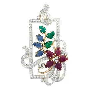 ARTISAN Floral Pendant With Carved Emeralds, Sapphires, Rubies, And Diamonds In 18k Gold - White
