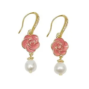 FARRA Timeless Rose Freshwater Pearl Dangle Earrings - Pink