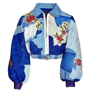 COUTURE TO YOUR DOOR Quilted Denim Bomber Jacket - Blue/red