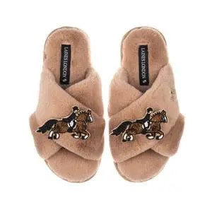 LAINES LONDON Classic Slippers With Horse Brooches - Brown