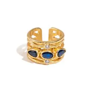 EBRU JEWELRY Adjustable Gold Ring With Sapphire And Zirconia - Gold/blue
