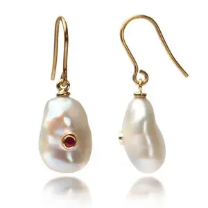 THE JEWELLERY STORE LONDON Keshi Pearl And Ruby Drop Earrings In Solid Gold - Red/white/gold