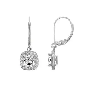 DIAMONBLISS Cushion Halo Leverback Earrings - White