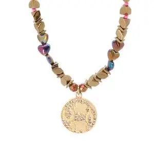 EBRU JEWELRY Good Luck Symbol Pendant Hematite Beaded Necklace - Gold