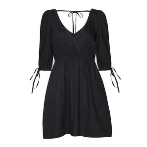 REISTOR Gathered Elbow Sleeve Short Cotton Dress - Black