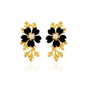 MILOU JEWELRY Flower Stud Earrings With Gold Branches Black