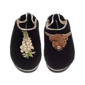 LAINES LONDON Flatform Cloud Slippers With Brooches - Black/gold