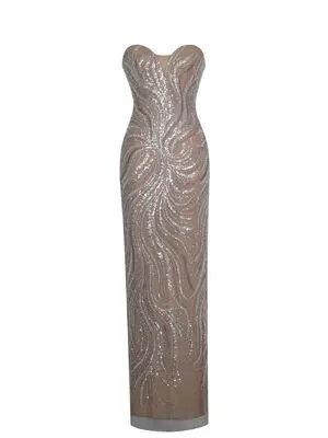MISS CIRCLE NEW YORK Sequin Beaded Sweetheart Maxi Dress - Orange