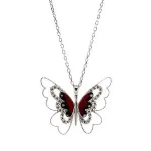 EBRU JEWELRY Butterfly Pendant Necklace - Black/red/silver