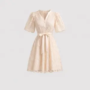 TANTRA SPAIN SL Lace Shirt Dress With Sequins, Pearl Buttons And Belt - Beige