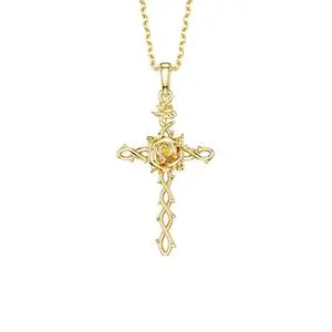 VANIMY Floral Cross June Rose Birth Flower Necklace - Gold