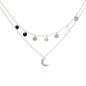 LILA RASA Celestial Layered Necklace With Crescent Moon - Silver