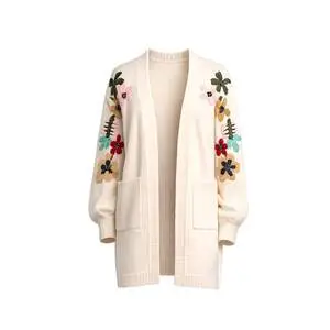 TANTRA SPAIN SL Long Knit Jacket With Floral Embroidery - Beige
