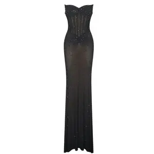 MISS CIRCLE NEW YORK Fatima Crystal Corset Mermaid Maxi Dress - Black