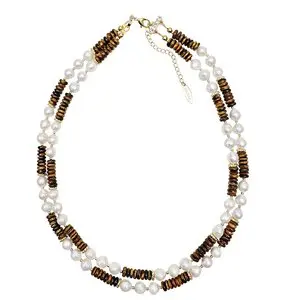 FARRA Freshwater Pearls And Tiger Eye Double Layer Necklace - Brown/white