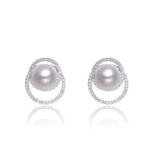 GENEVIVE Cubic Zirconia Sterling Silver Round Faux Pearl Earrings - White