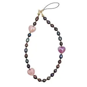 FARRA Purple Freshwater Pearls With Hearts Phone Strap - Pink