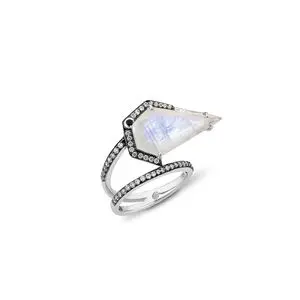 SALLY SKOUFIS Sally Skoufis Blade Ring With Black Diamond And Moonstone In Platinum Black/blue/white