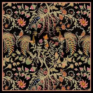 SILK AND BEARS Phoenix Garden Wool Silk Scarf – Hand-rolled Edge Botanical Heritage Wrap - Black
