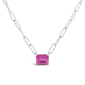 LUTIRO Paperclip Chain Necklace With Zirconia Sapphire - Pink