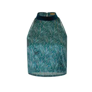 SHUMINGYU Velvet Collar Silk Crop Top With Spring Mountains Print