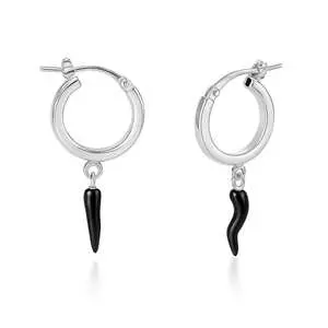 UNALOE Sterling Silver Hoop Earrings With Horn Pendant - Black/silver